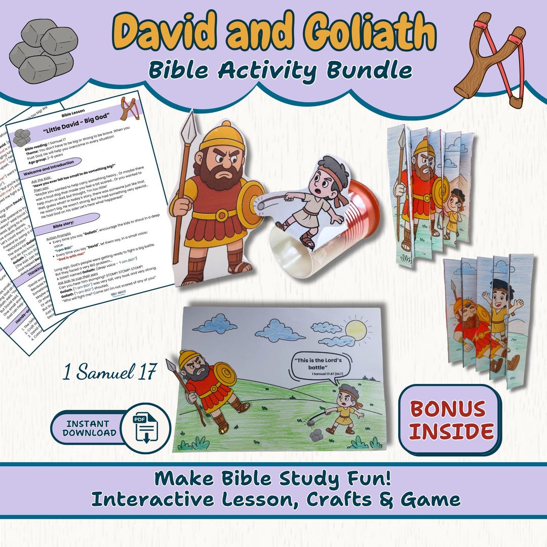 David and Goliath Bible Lesson Bundle – Sunday School Craft & Game (PDF ...