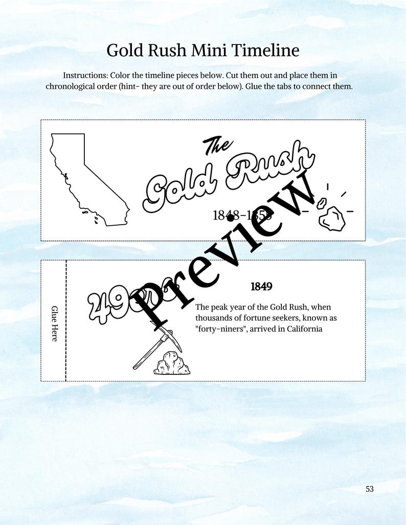 California Gold Rush Mini Timeline- Color, Cut, and Paste - Etsy