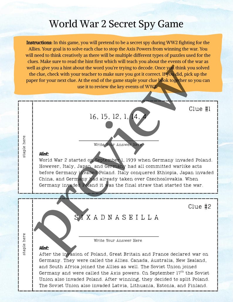 WWII Spy Game: Printable History Puzzle Activity for Kids (4th-8th ...