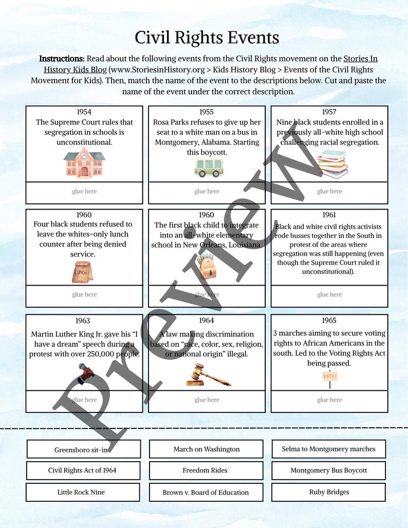 Civil Rights Movement Worksheet | Printable Cut and Paste Activity ...