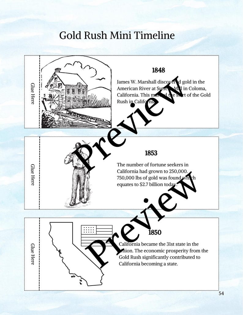 California Gold Rush Mini Timeline- Color, Cut, and Paste - Etsy