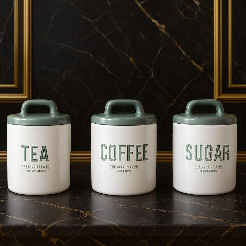White Ceramic Tea, Coffee, Sugar Canister Set, Airtight Grey Lids - Etsy