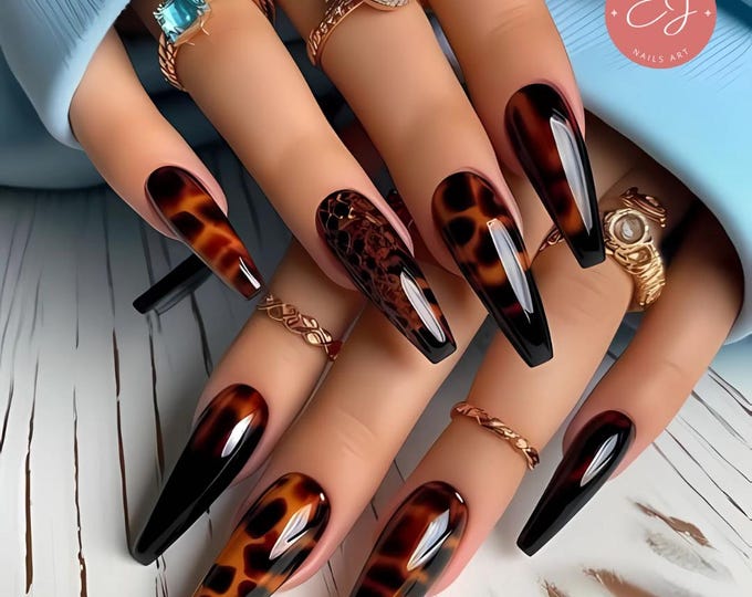 Tortoise Shell Nail Design Press on Nails | French Tip Fall Nails ...