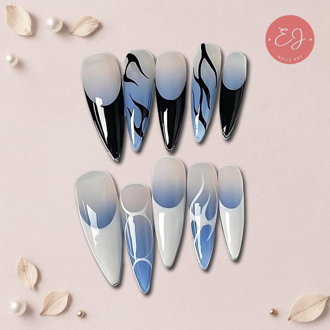 Icy Blue Flame Press on Nails | Ombre Smoke Nail Art | Long Stiletto ...