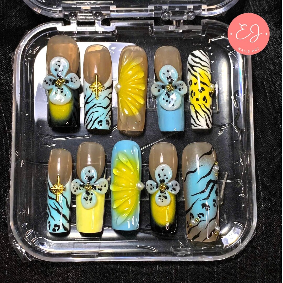 Safari Bloom Press on Nails | 3D Pastel Flower & Neon Zebra Art | Handmade Funky Long Square ...
