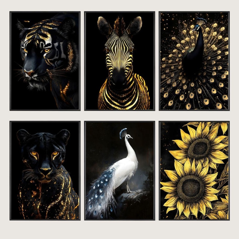 50+ Black and Gold Animal Posters | Luxury Wall Art Collage Kit ...