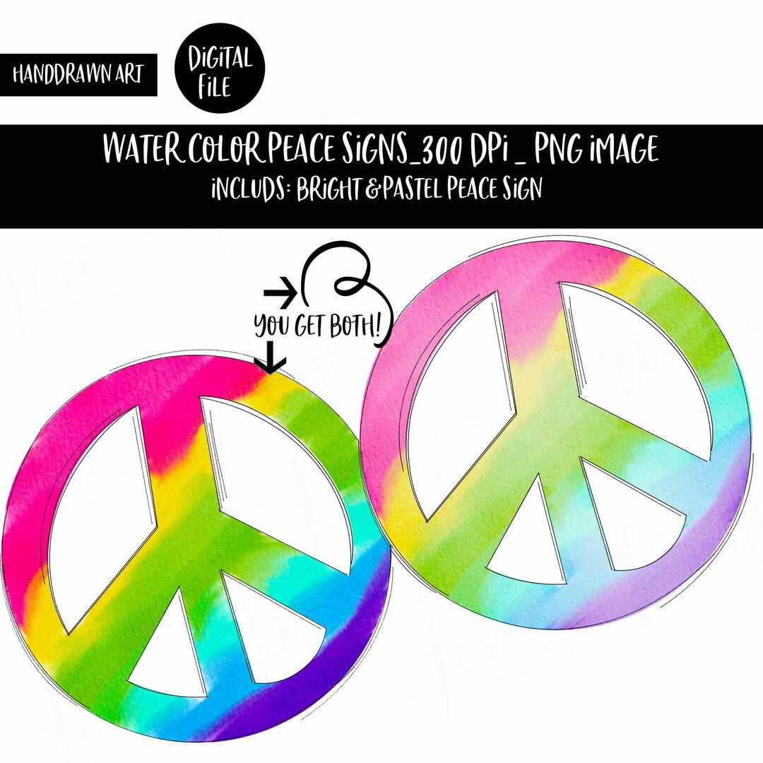 Peace Sign Clipart Handdrawn Art Watercolor Sublimation Bright Pastel ...