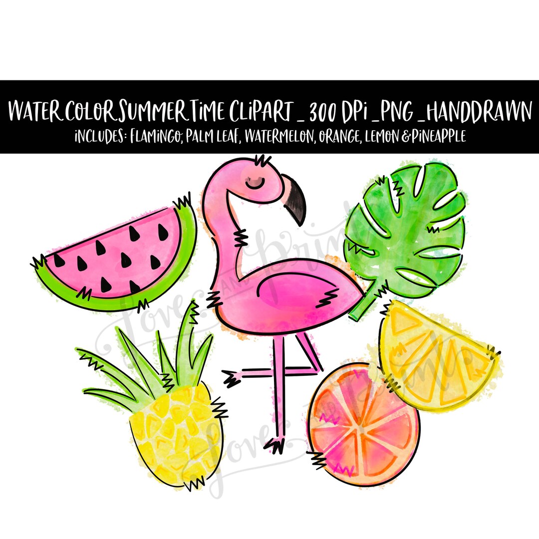 Watercolor Summer Time Clipart, Flamingo Clipart, Watermelon Clipart ...