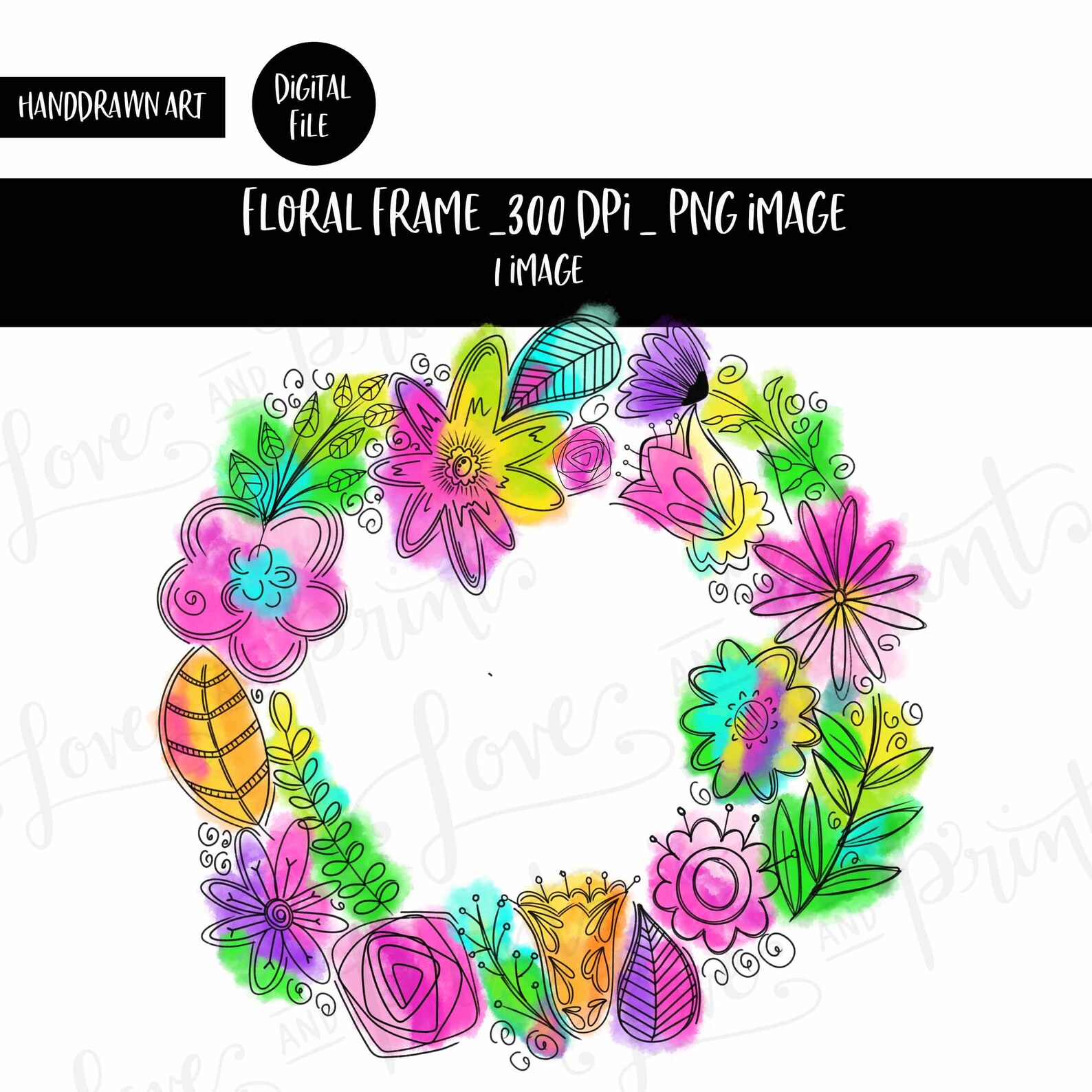 Floral Wreath | Watercolor Wreath | Hand Drawn Flowers | Sublimation ...