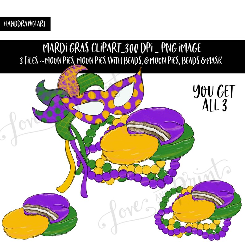Mardi Gras Moon Pies | Beads | Mardi Gras Mask | Clipart | Sublimation ...