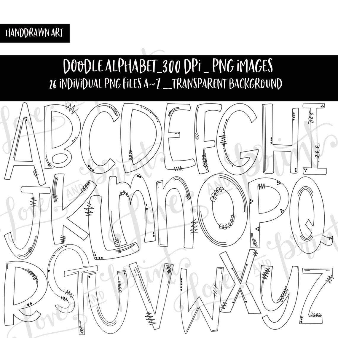 Doodle Alphabet With Transparent Background Hand Drawn - Etsy