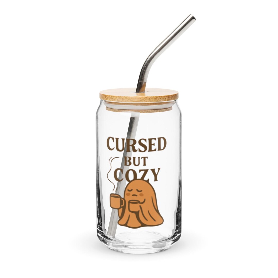Cursed but Cozy Ghost Glass Cup – 16oz Halloween Iced Coffee Tumbler ...