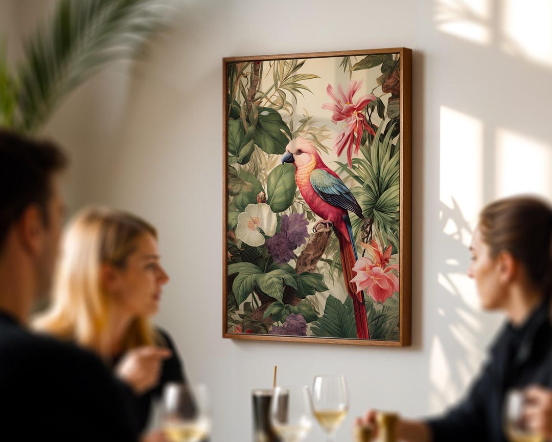 Tropical Bird Poster - Exotic Parrot in Jungle Flowers Wall Art Print ...