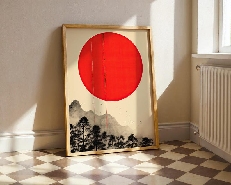 Japanese Sun and Mountain Ink Landscape Printable - Minimalist Red Sun ...