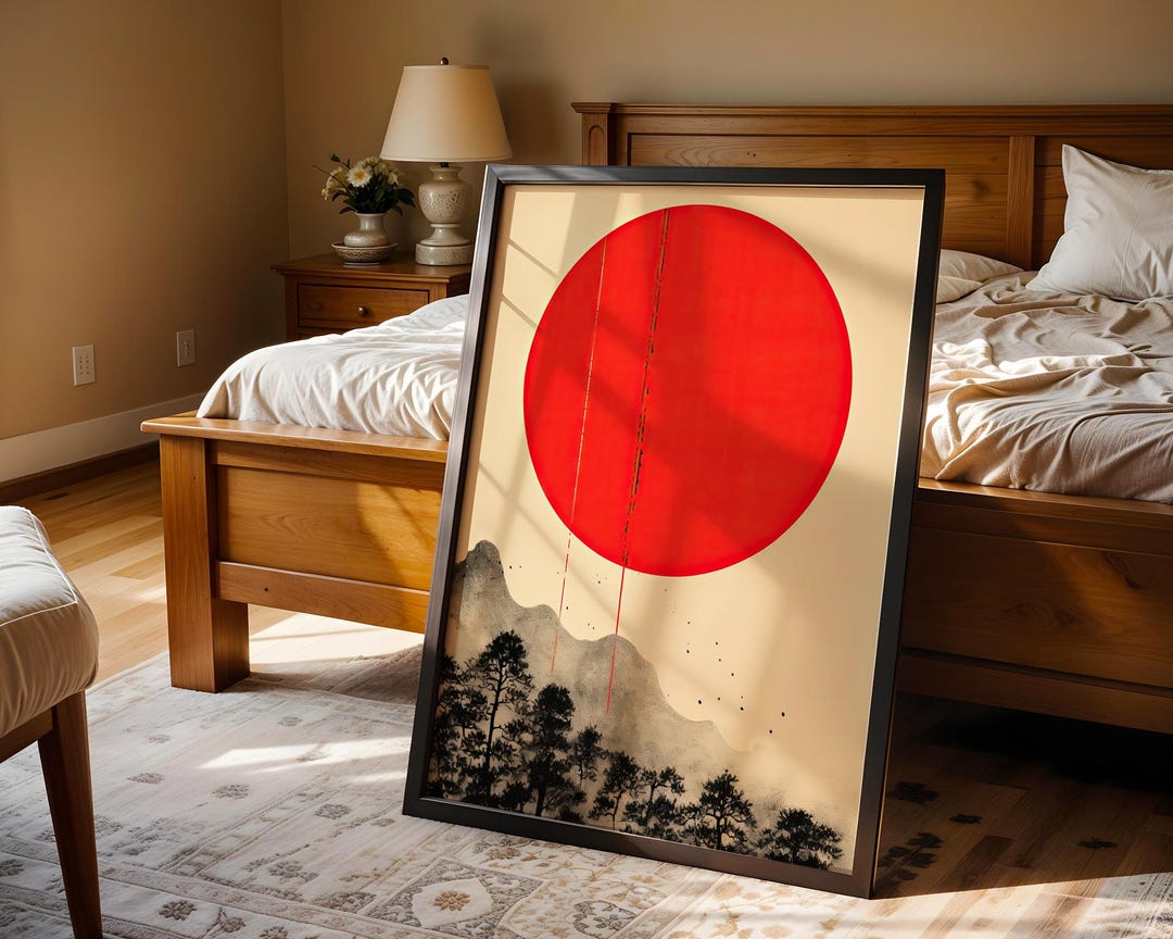 Japanese Sun and Mountain Ink Landscape Printable - Minimalist Red Sun ...
