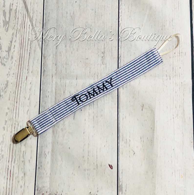 Blue Seersucker Pacifier Holder-soothie Paci-binky Clip - Etsy