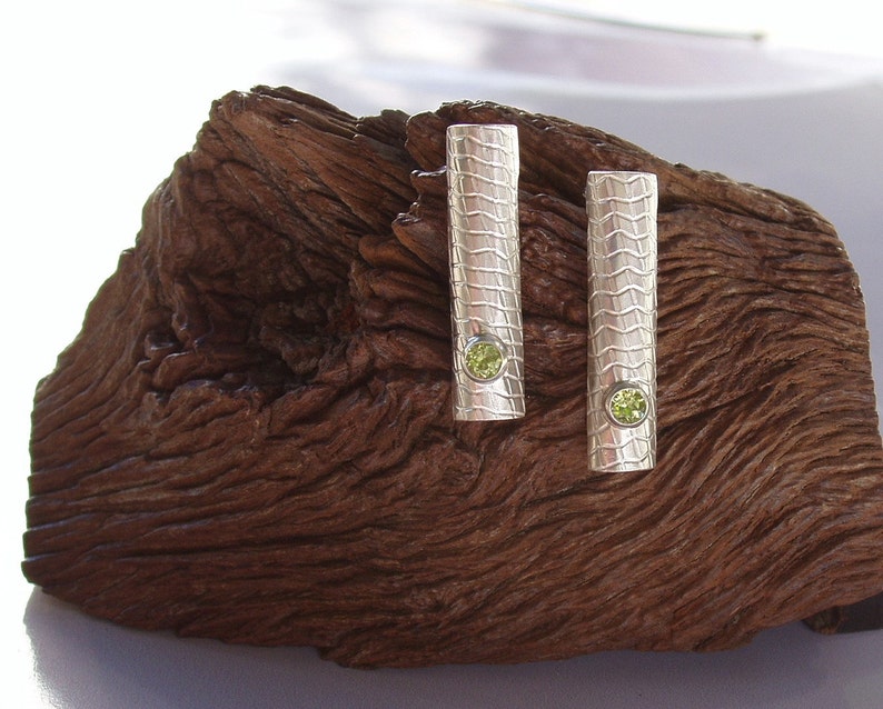 Sterling Silver Textured Half-tube Shaped Earrings With Green Peridot ...