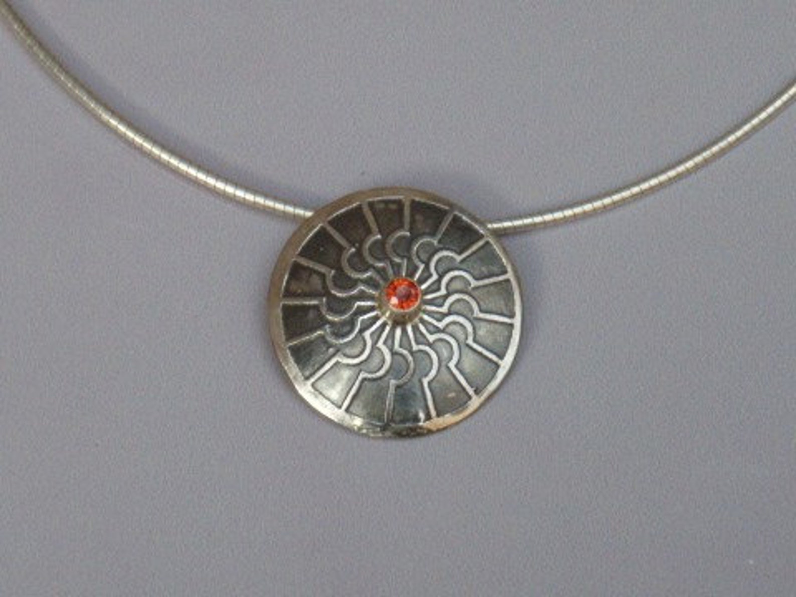 Sterling Silver Domed, Etched Patina Circle With Orange Sapphire - Etsy