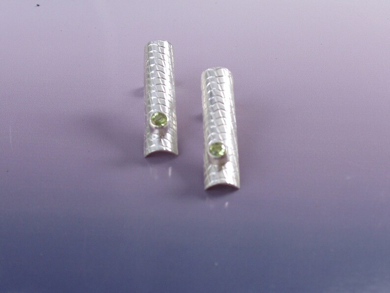 Sterling Silver Textured Half-tube Shaped Earrings With Green Peridot ...