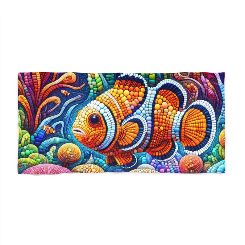 Colorful Mosaic Clown Fish Beach Towel, Vibrant Poolside Towel for ...