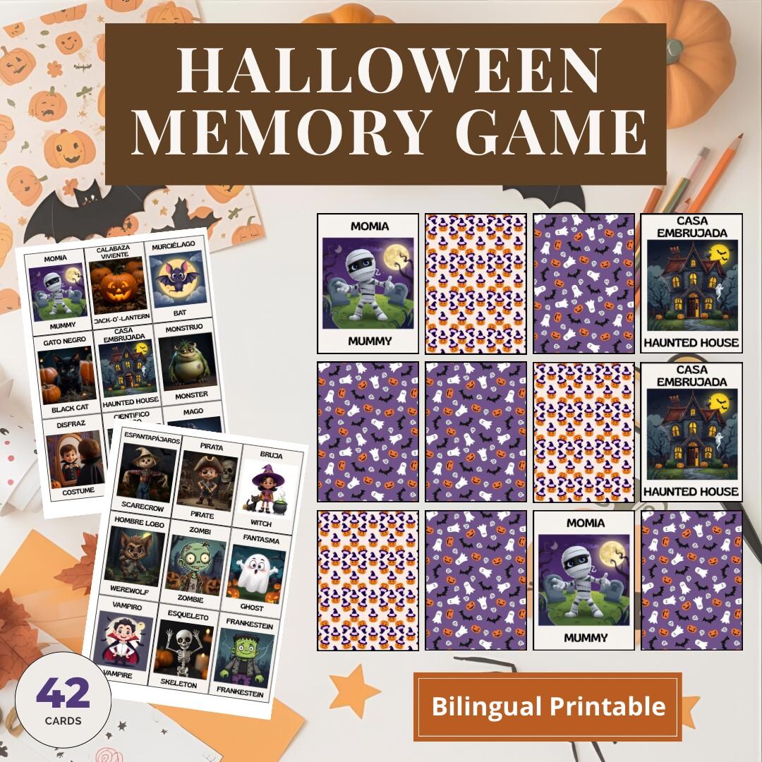 Halloween Memory Game Printable | English-spanish Learning Activity for ...