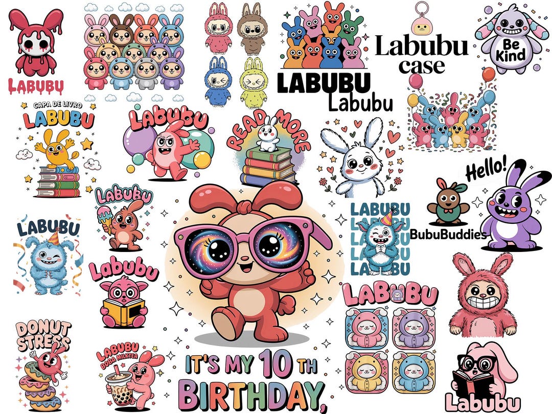 Labubu PNG Clipart Bundle | Cute Bunny Characters – Birthday, Boba Tea ...