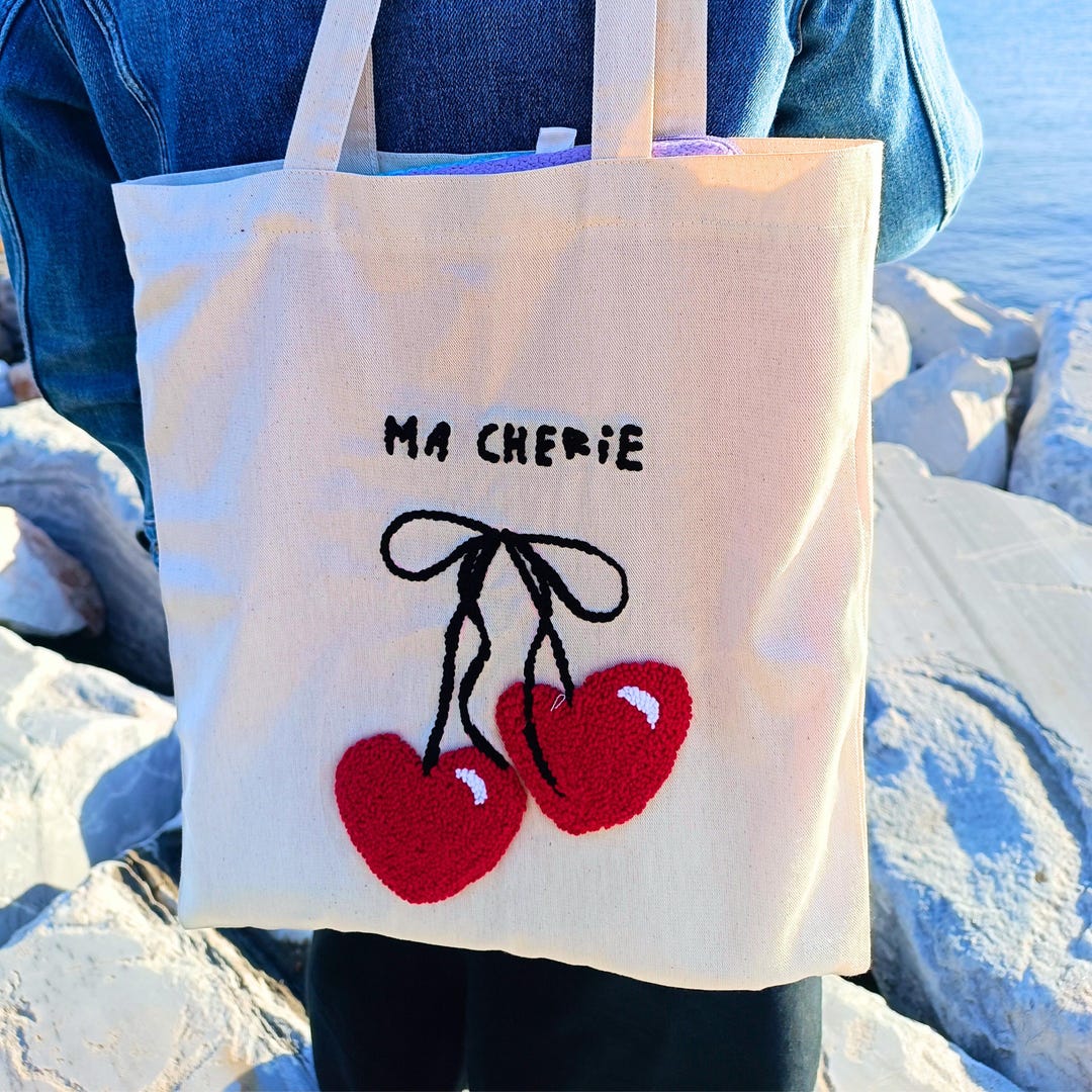 Punch Needle Cherry Tote Bag: Embroidered Canvas Shopper - Ma Chérie - Etsy