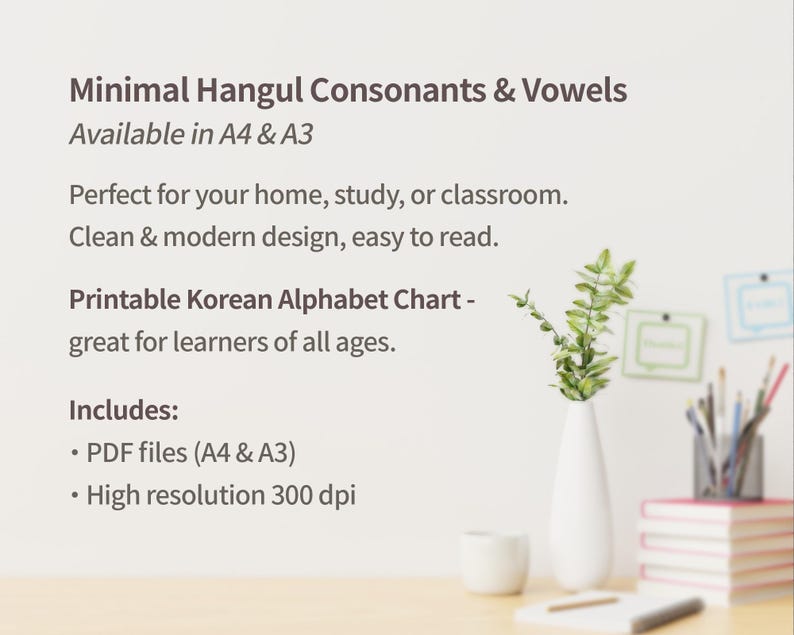 Hangul Consonants & Vowels Chart | Korean Alphabet Poster A4/A3 PDF Printable | Minimal Korean ...