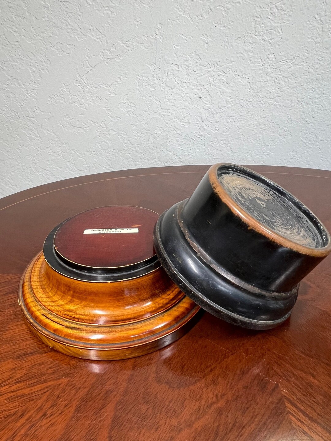 BRITISH TROPHY STANDS Two Wood Circa 19OO Elkington Silver Co. England ...