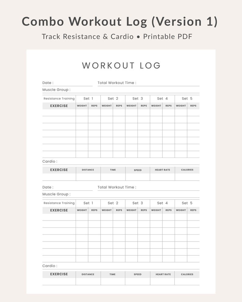 Workout Log Bundle Printable, Track Cardio & Resistance Training, 3 ...
