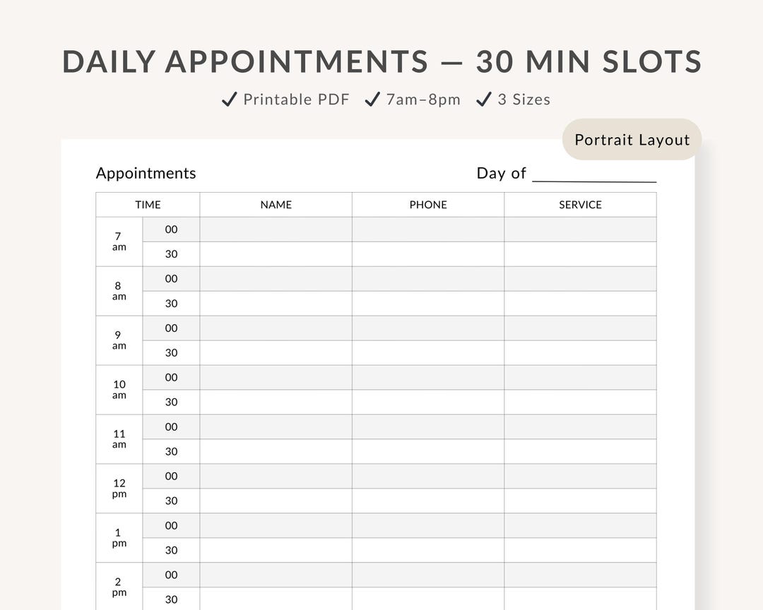 Daily Appointment Schedule Printable: 30-minute Slots (PDF Download) - Etsy