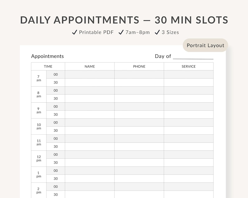 Daily Appointment Schedule Printable: 30-minute Slots (PDF Download) - Etsy