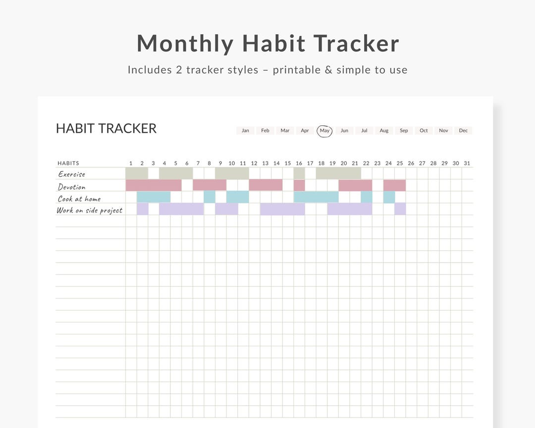 Printable Monthly Habit Tracker: 2 Styles, Undated (US Letter PDF ...