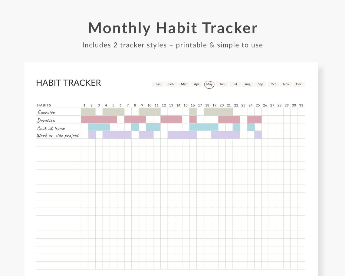 Printable Monthly Habit Tracker: 2 Styles, Undated (US Letter PDF ...