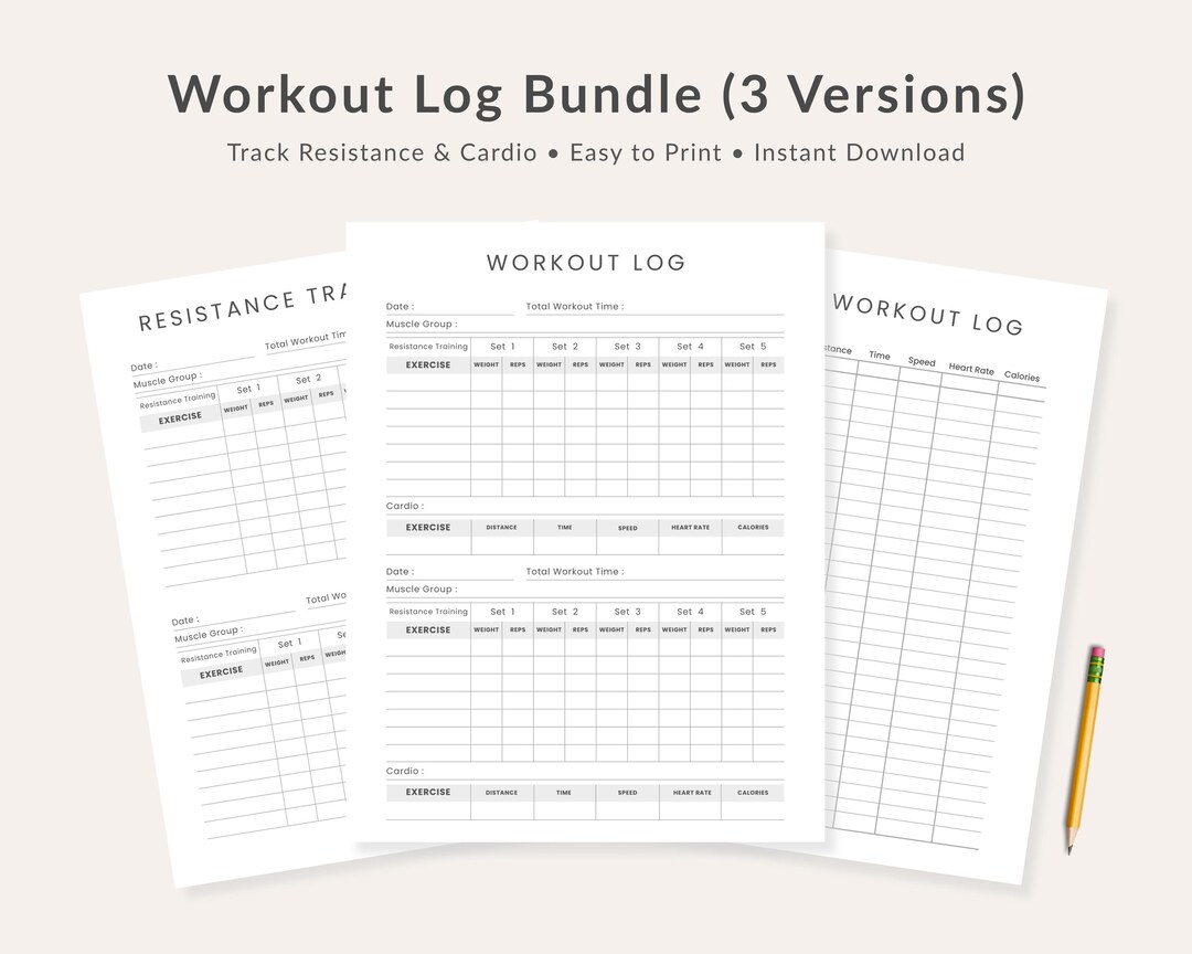 Workout Log Bundle Printable, Track Cardio & Resistance Training, 3 ...