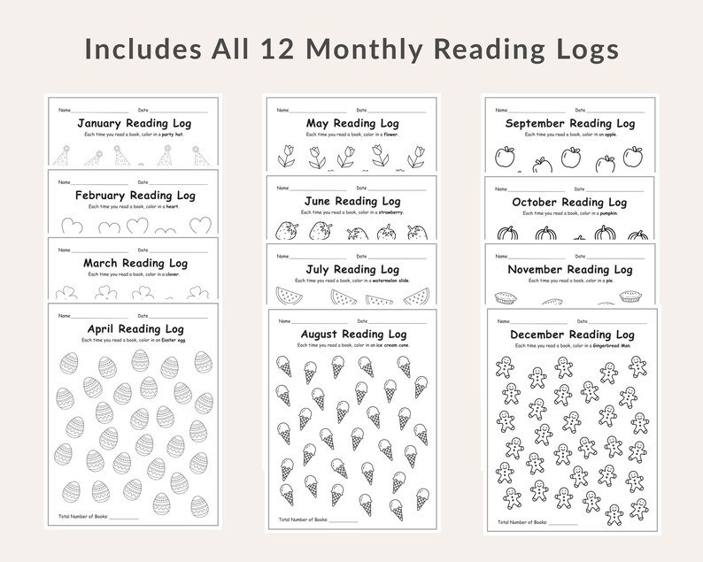 12-month Kids Reading Log Printable, Fun Monthly Book Tracker PDF ...