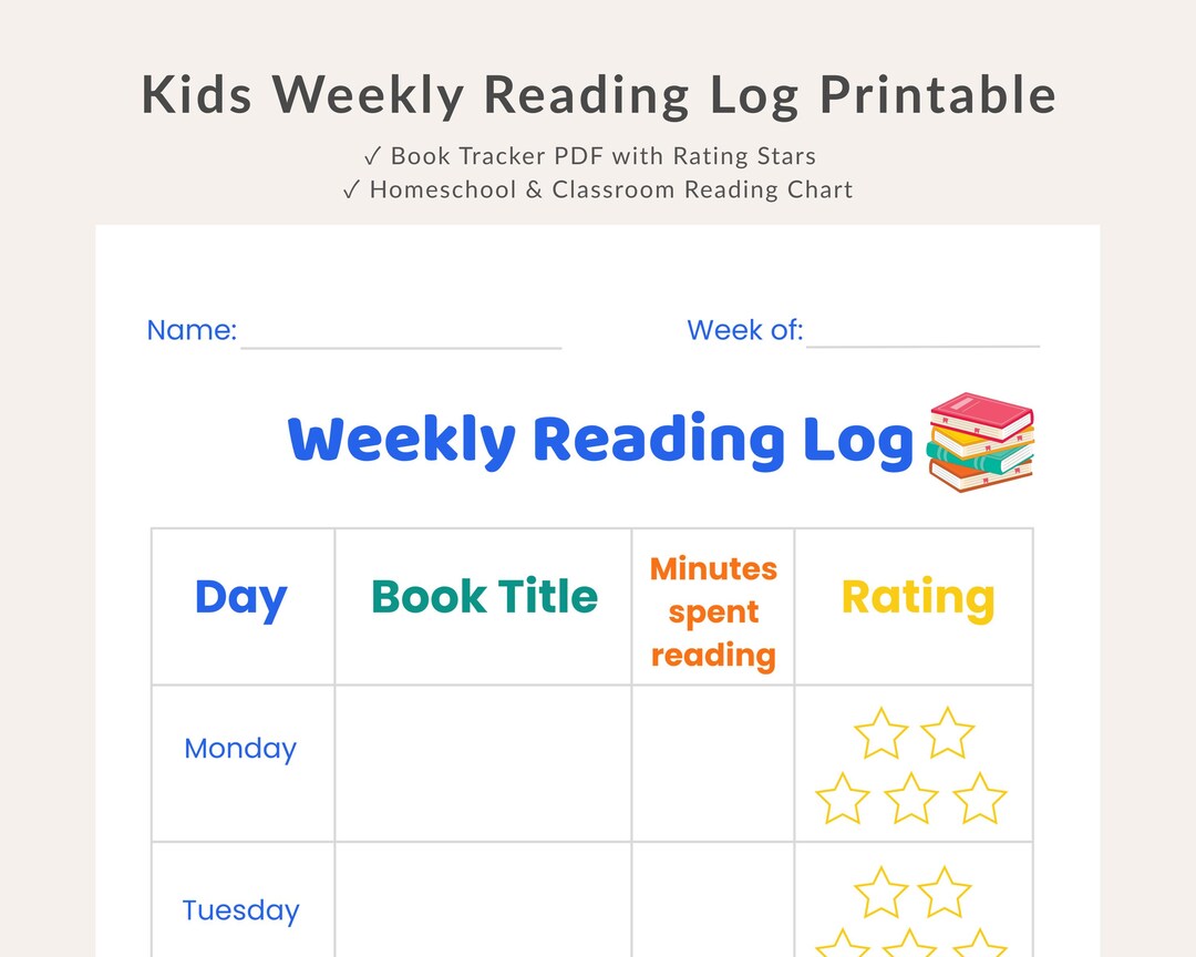 Kids Weekly Reading Log: Homeschool Classroom Book Tracker (PDF) - Etsy