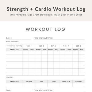 Strength + Cardio Workout Log Printable – Fitness Tracker PDF – One ...