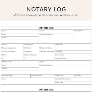 Notary Log Sheet Printable PDF, Notary Journal Template, Letter Size ...