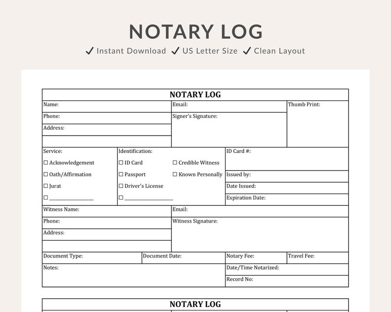 Notary Log Sheet Printable PDF, Notary Journal Template, Letter Size ...
