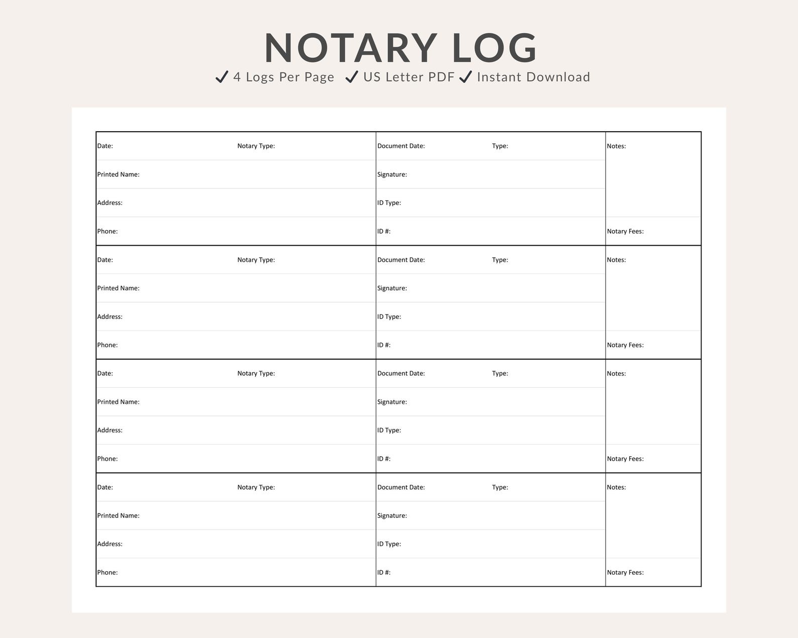 Notary Log Sheet Printable: US Letter & A5 Sizes (PDF) - Etsy