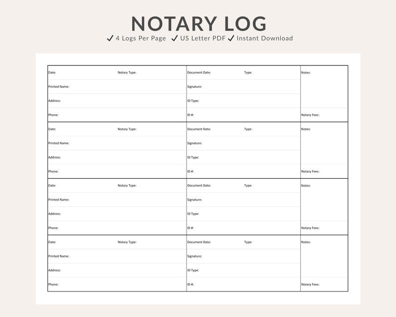 Notary Log Sheet Printable PDF, Notary Journal Template, Letter Size ...