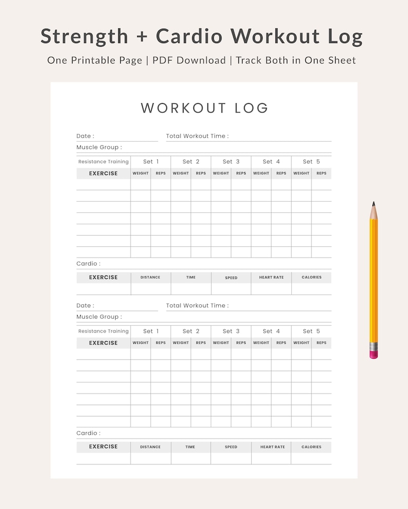 Strength + Cardio Workout Log Printable – Fitness Tracker PDF – One ...
