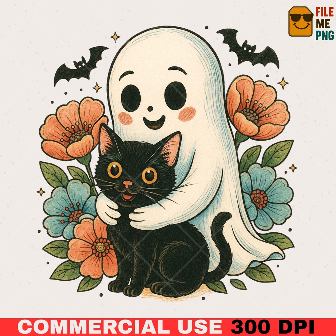 Cute Halloween Ghost and Cat PNG, Halloween Cat and Ghost Clipart for ...