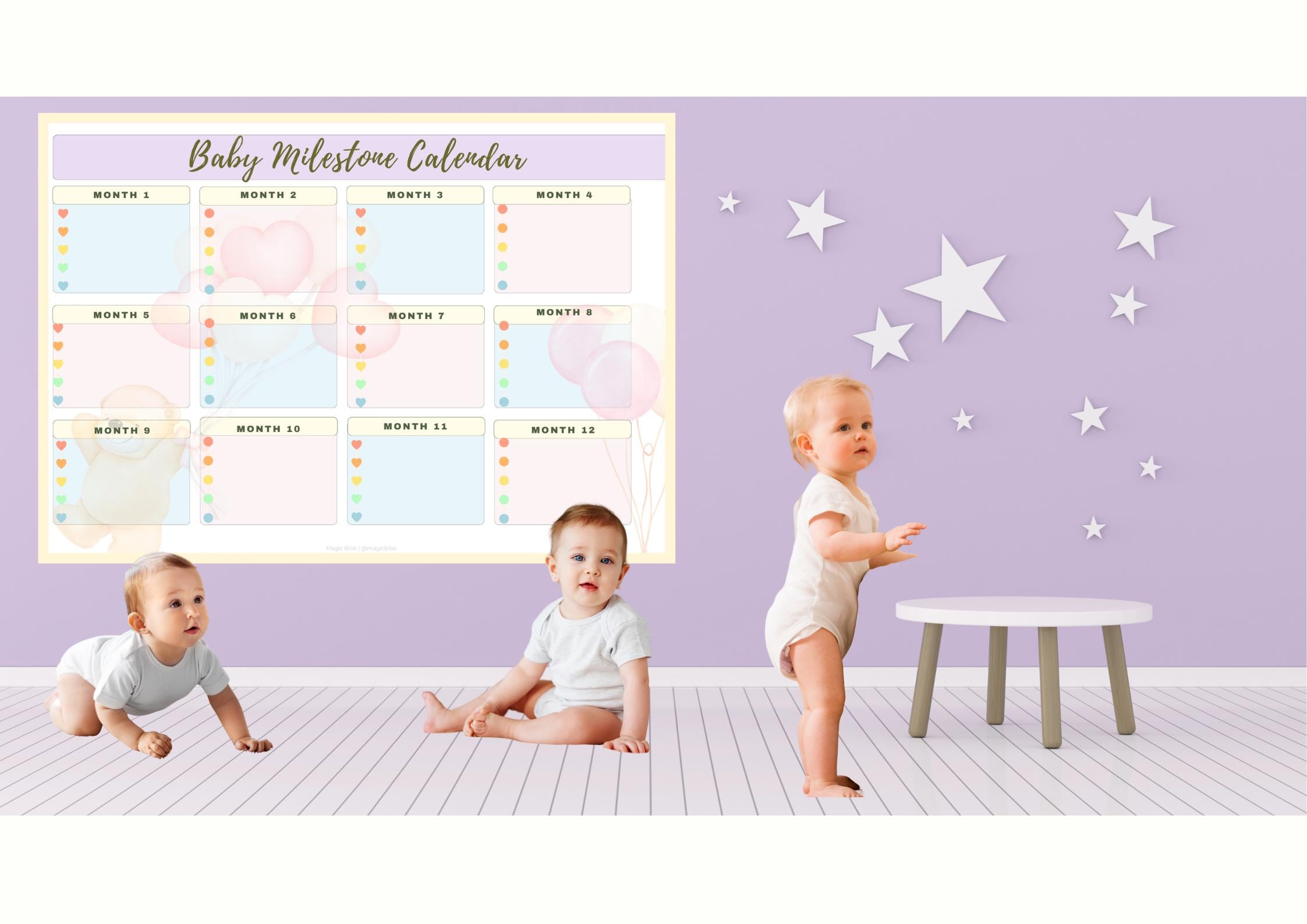 Baby Milestone Calendar Printable | First Year Monthly Tracker Poster ...