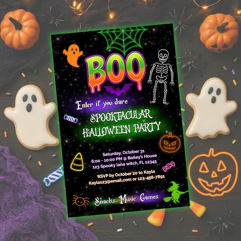 Neon Halloween Party Invitation | Spooktacular Costume Party Flyer ...