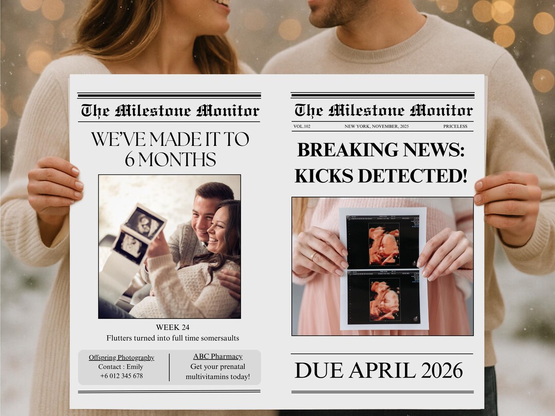 6 Month Pregnancy Milestone Newspaper • Editable Canva Template • Baby ...