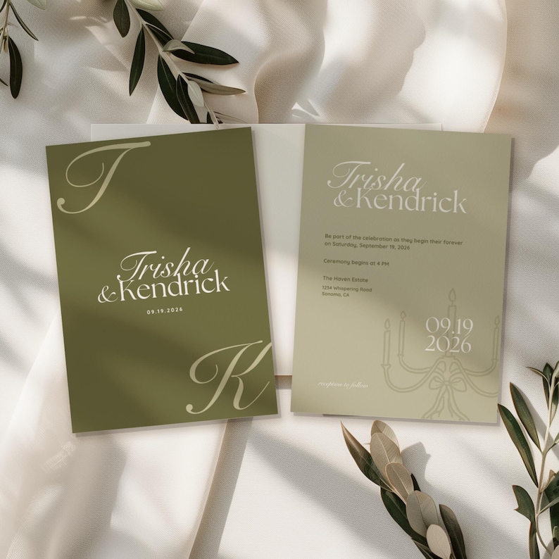 Olive & Plum Wedding Invitation Suite • Canva Template • Green and ...