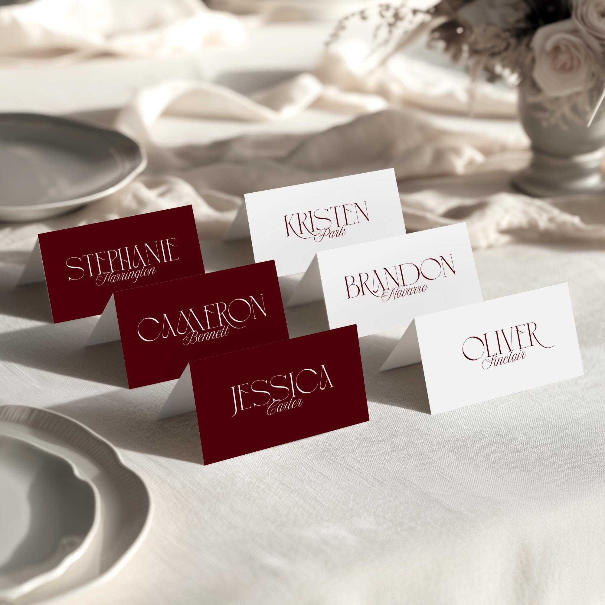 Burgundy Wedding Place Cards With Meal Choice Icons • Canva Template ...