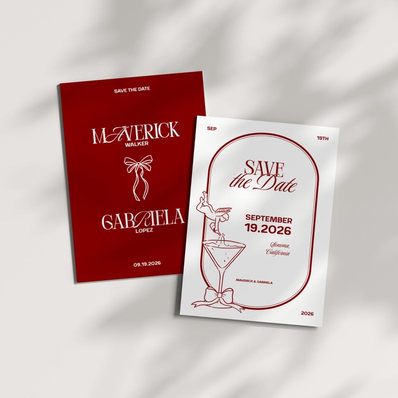 Hand Drawn Save the Date Card • Canva Template • Red & White, Romantic ...